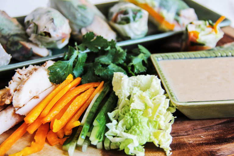Thai Basil Chicken Spring Rolls with Peanut Dipping Sauce | Sumptuous ...
